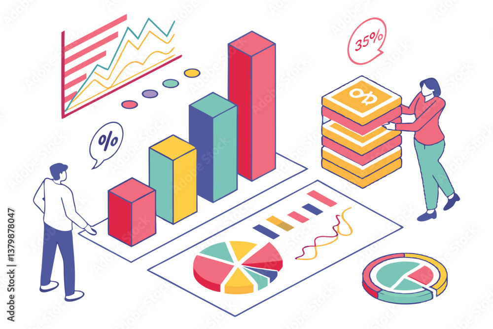 29 Colorful isometric infographics, vibrant data visualization elements, 3D charts and graphs ...