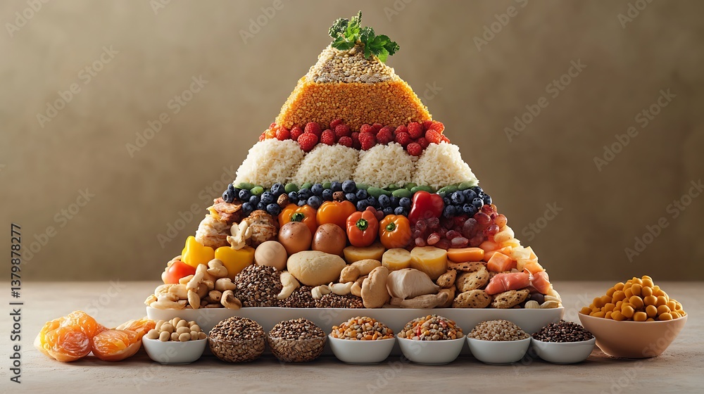 High-resolution poster of food pyramid with nutritional breakdown, each ...