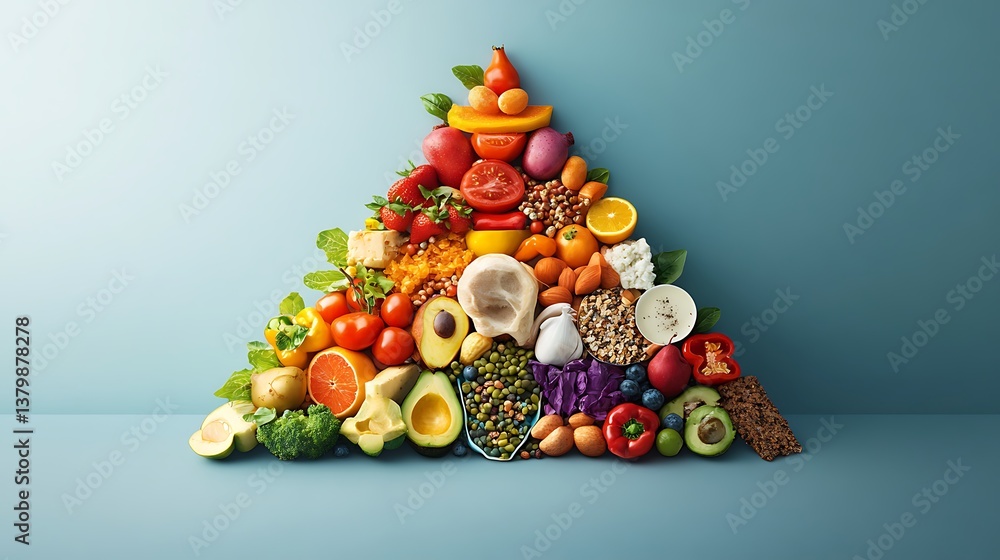 High-resolution poster of food pyramid with nutritional breakdown, each ...