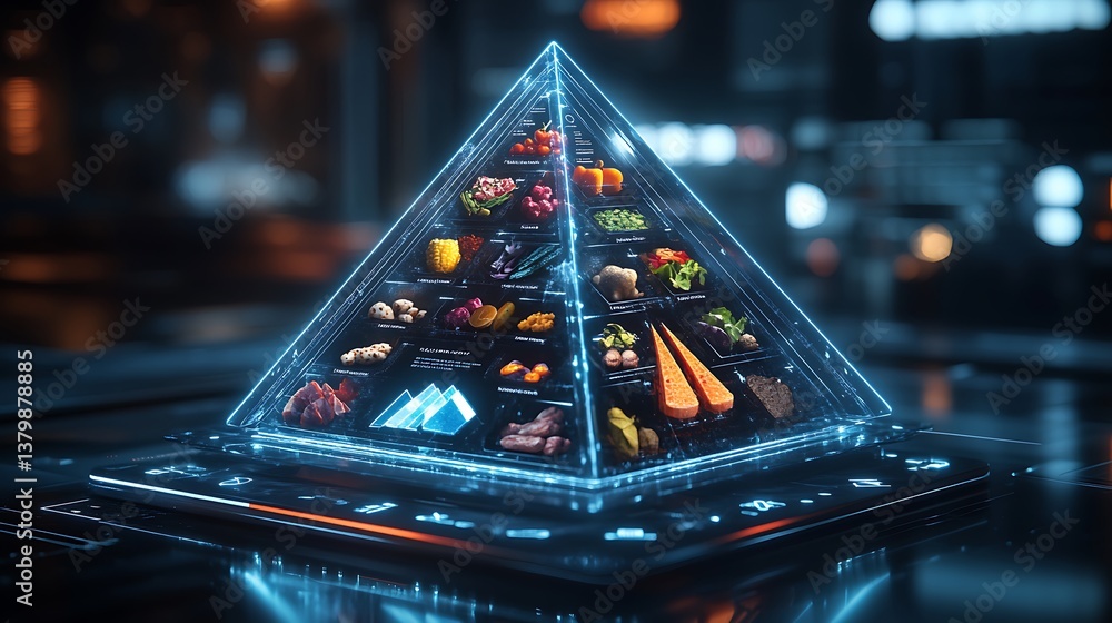 Interactive food pyramid designed as a digital app interface, floating ...