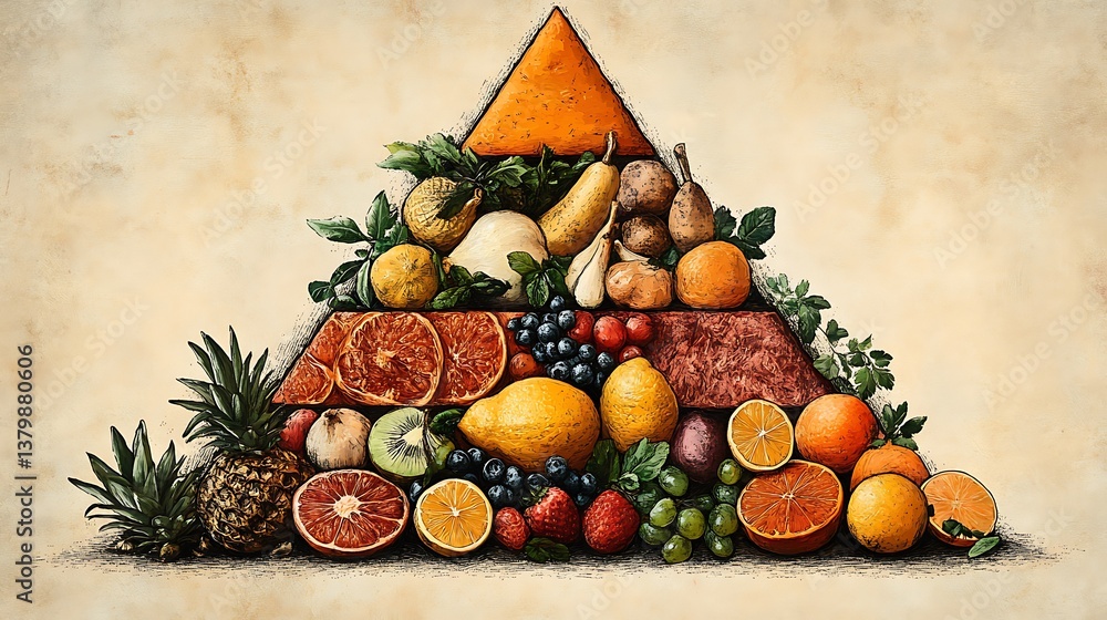 Retro 1970s food pyramid poster, warm orange and brown color scheme ...