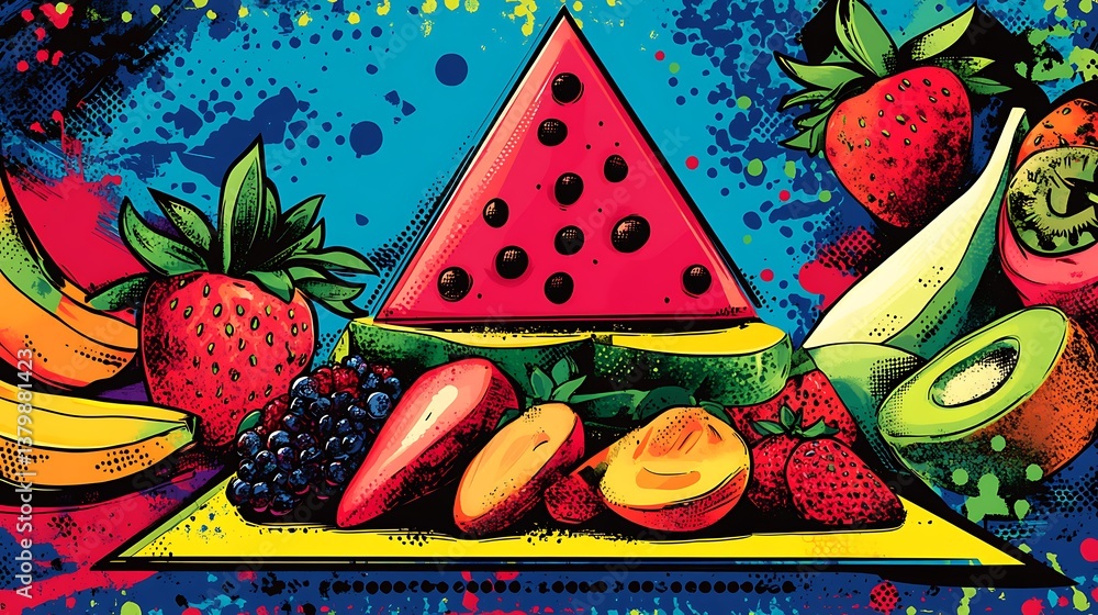 Stylized food pyramid poster for teenagers, comic book theme with ...