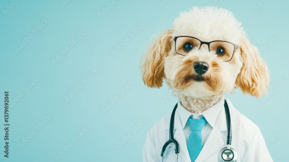Vet clinic creative banner. Dog as vet doctor, wearing glasses ...