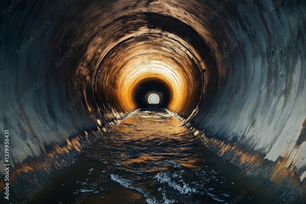 Circular concrete tunnel in a dark underground sewer with flowing ...