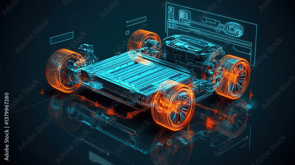 Cutaway technical illustration of electric vehicle battery pack with ...