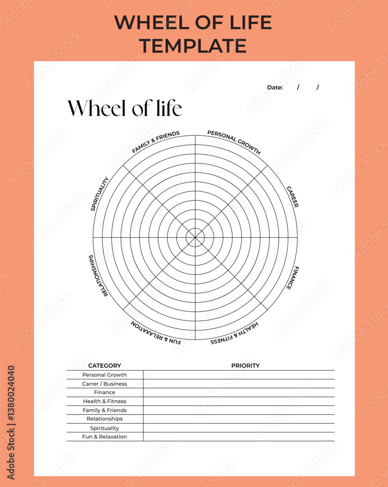 Minimalist Wheel of life balance. Vector printable template. Coaching ...