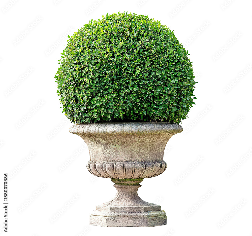 Round green topiary in a classic stone urn, isolated on transparent ...