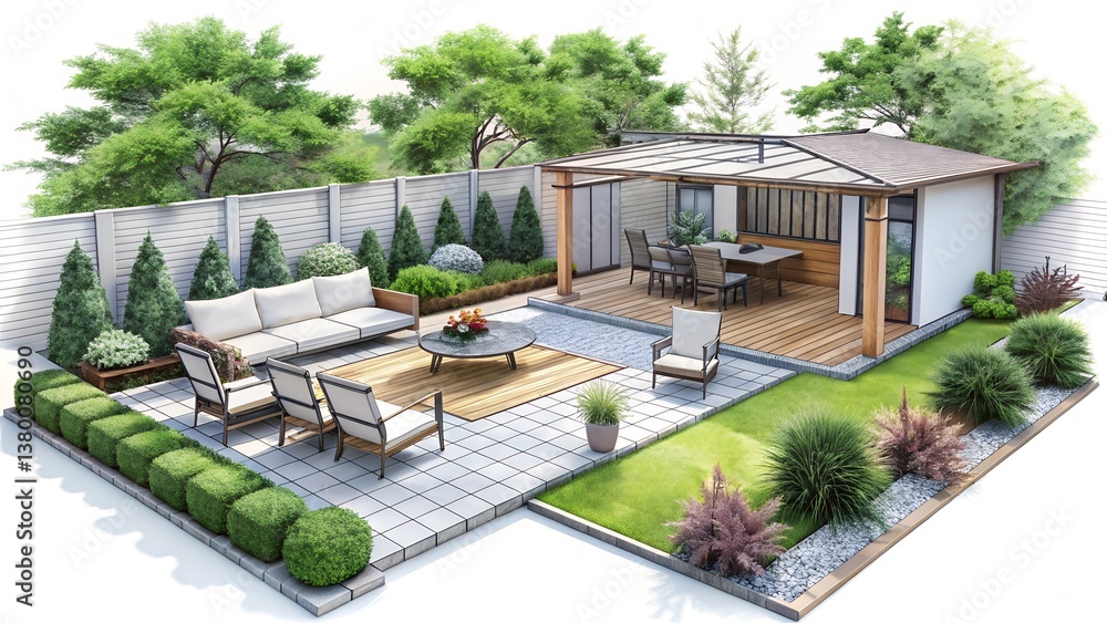 High-quality 3D Sketch of a Cozy Backyard Design, Detailed Outdoor ...
