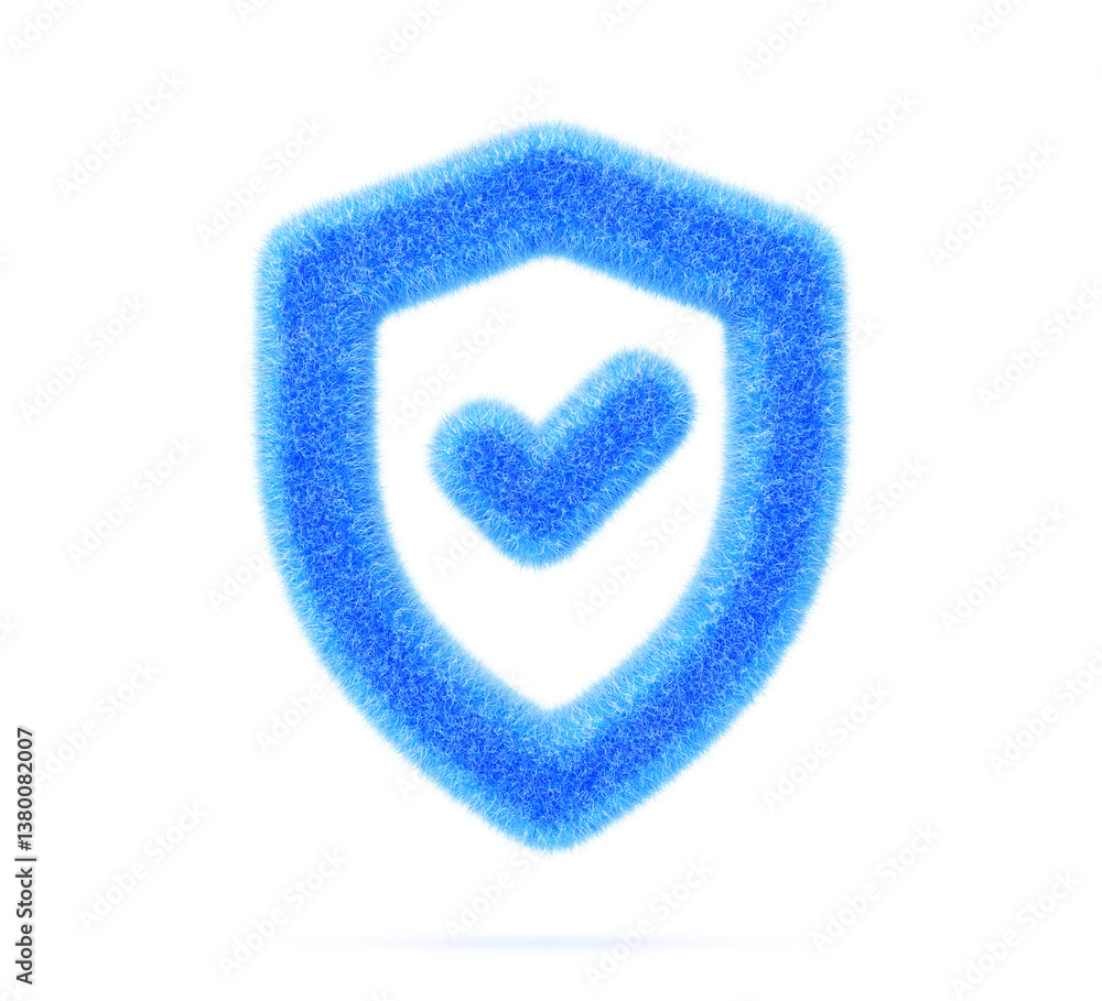 3d blue fur fluffy shield icon with safety check badge. Secure tick ...