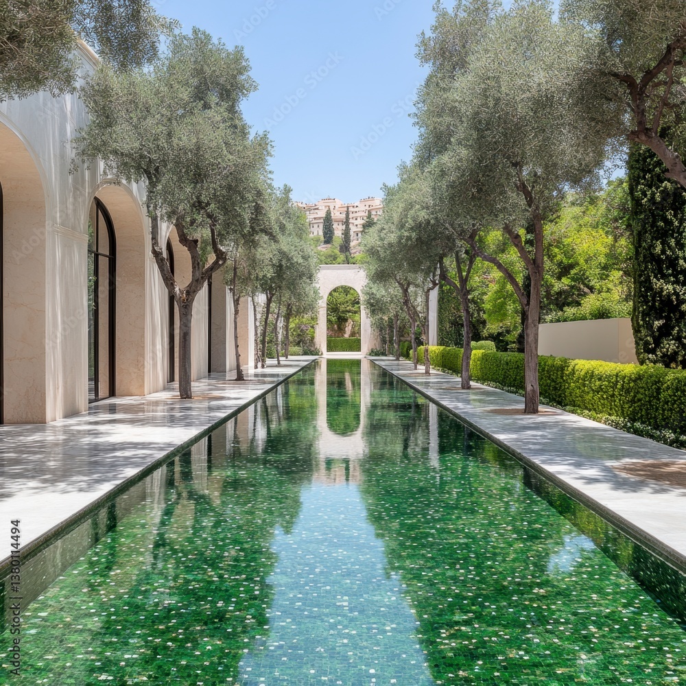 Reflective pool lined with olive trees and arched walkways, creating a ...