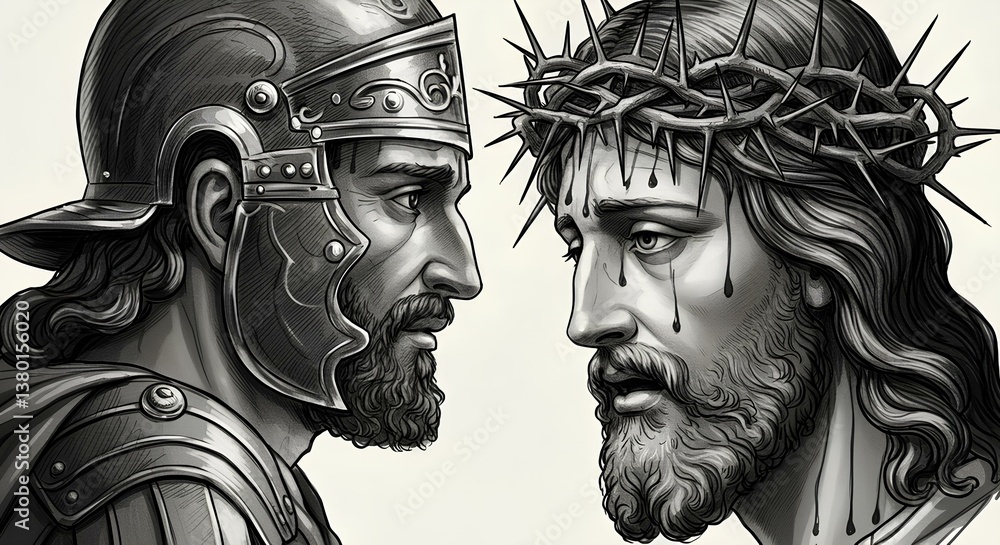 Roman Centurion and Jesus Christ face to face in a powerful grayscale ...