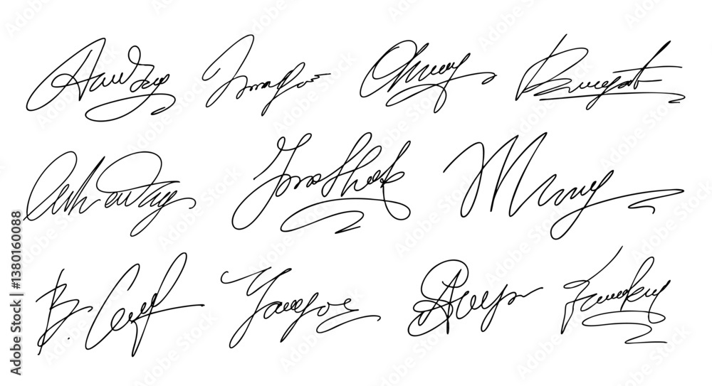 Set of Hand written signature. Different example signatures isolated in ...
