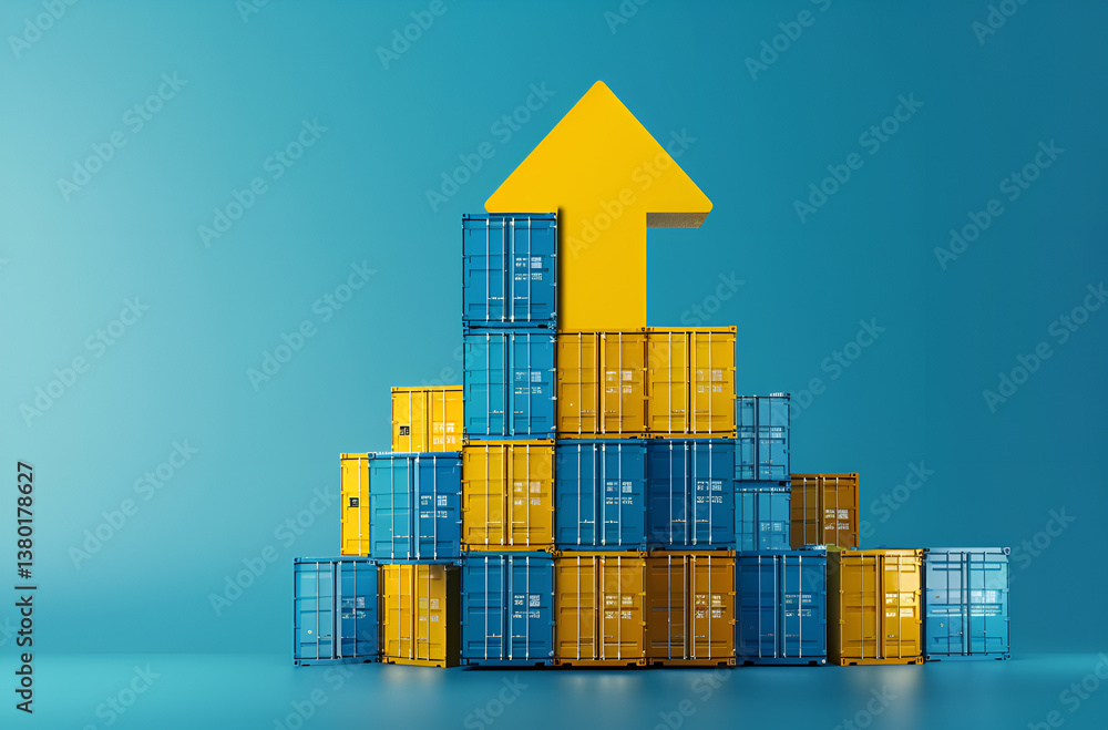Colorful shipping containers stacked in a pyramid with a large yellow ...