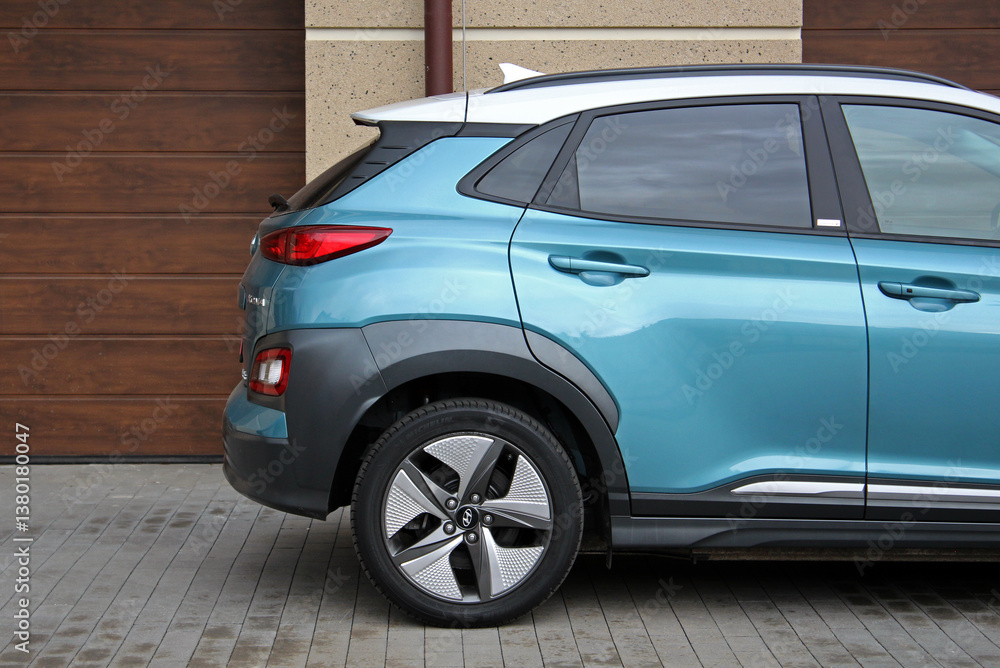 Vinnytsia, Ukraine; April 1, 2025. Blue Hyundai Kona rear right side of ...