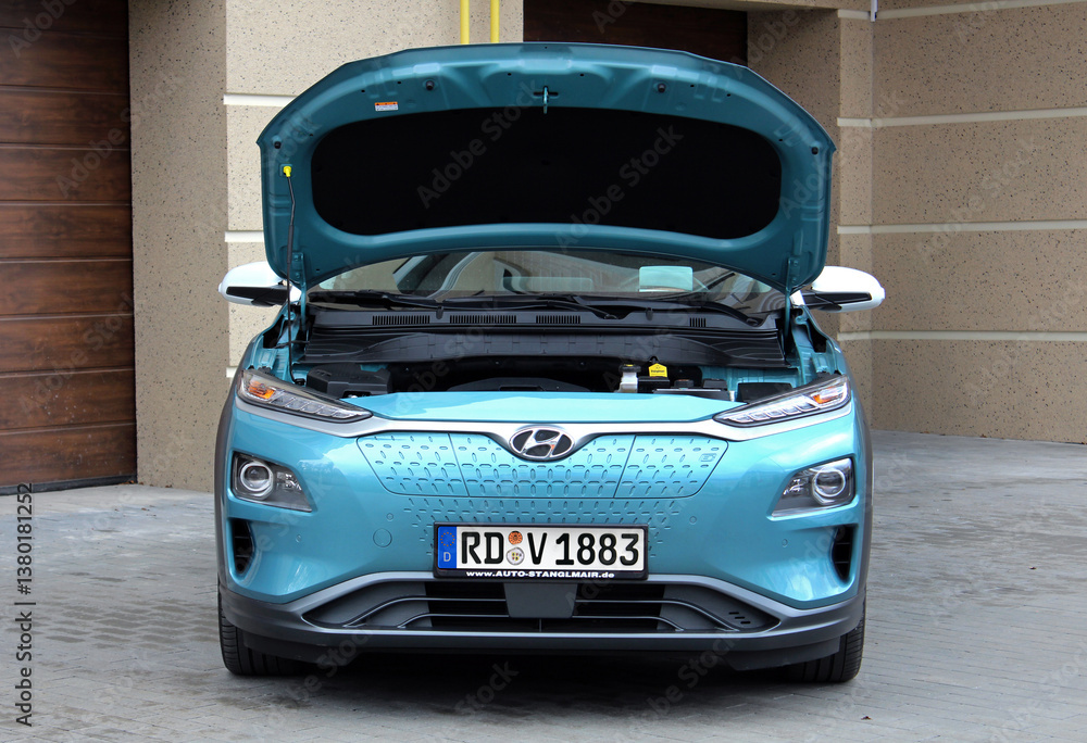 Vinnytsia, Ukraine; April 1, 2025. Blue Hyundai Kona 2020 open hood ...