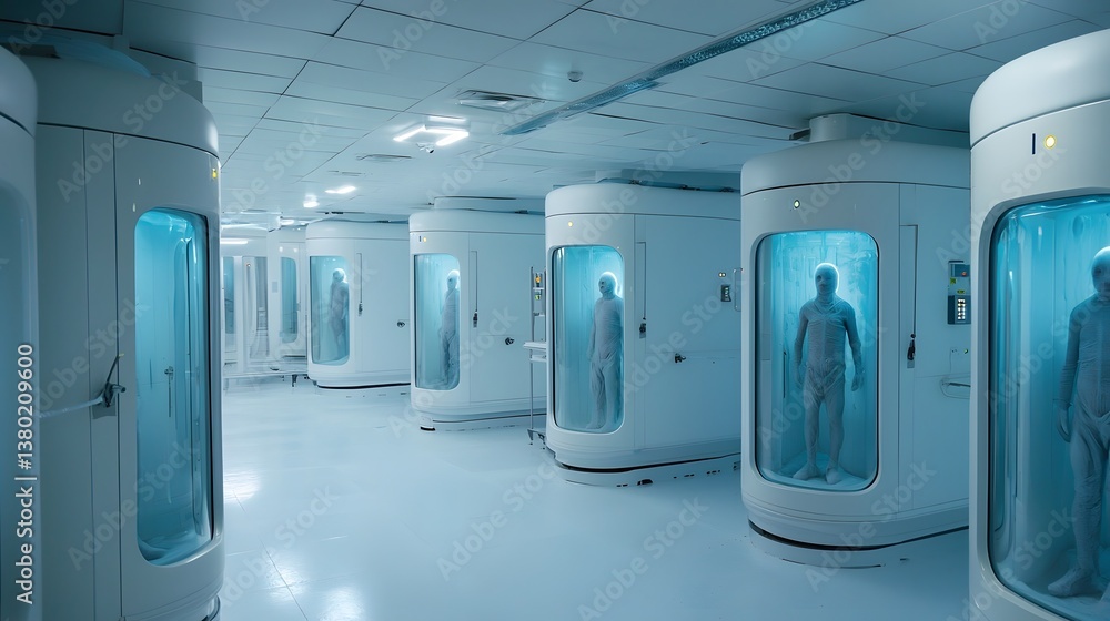 A sterile futuristic laboratory setting with multiple cryogenic ...