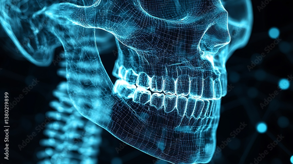Holographic 3D x-ray of dental implant embedded in bone, translucent ...