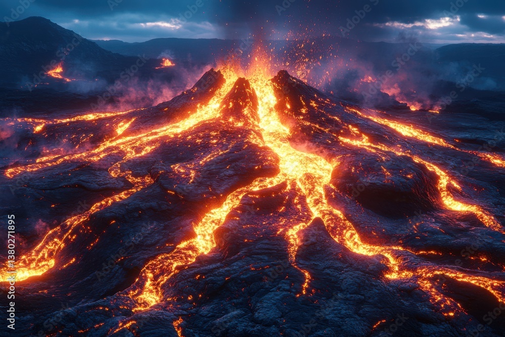 Lava Rivers in a Volcanic Eruption, volcanic flow creating dynamic ...