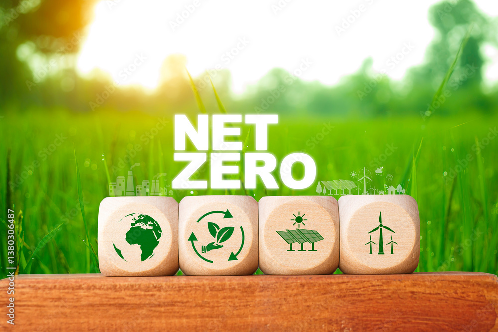Net zero, carbon neutrality concept. Net zero icon at wood box on green ...