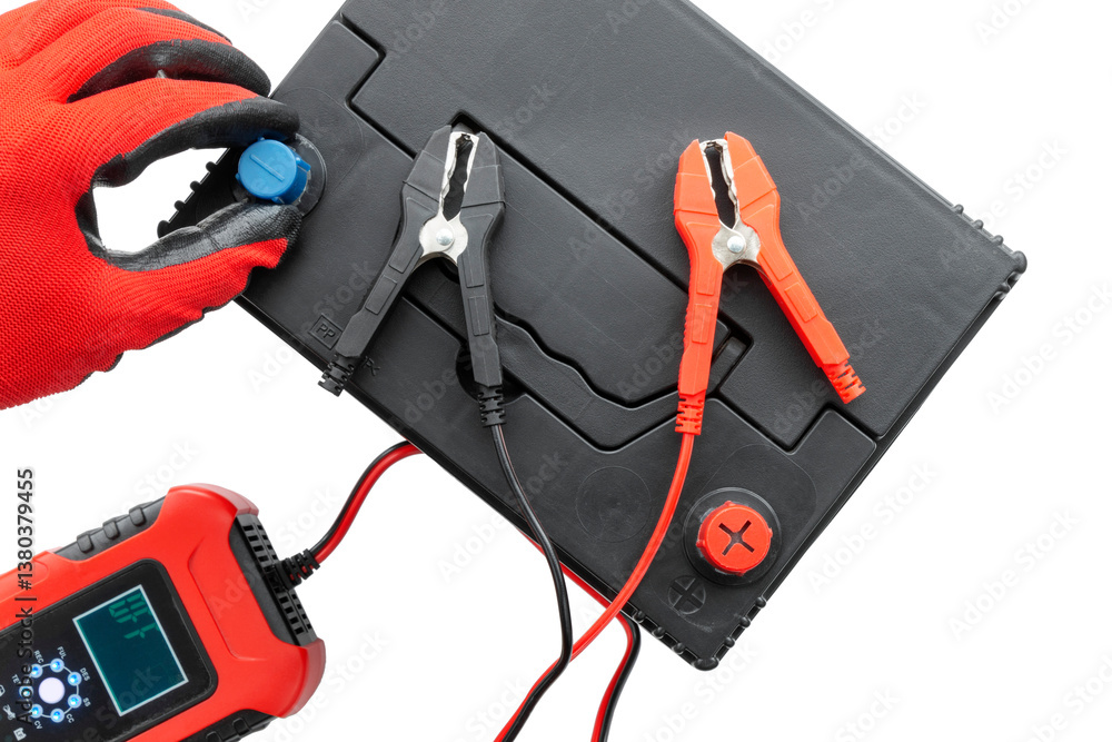 Positive terminal and negative terminal of booster cables with car ...