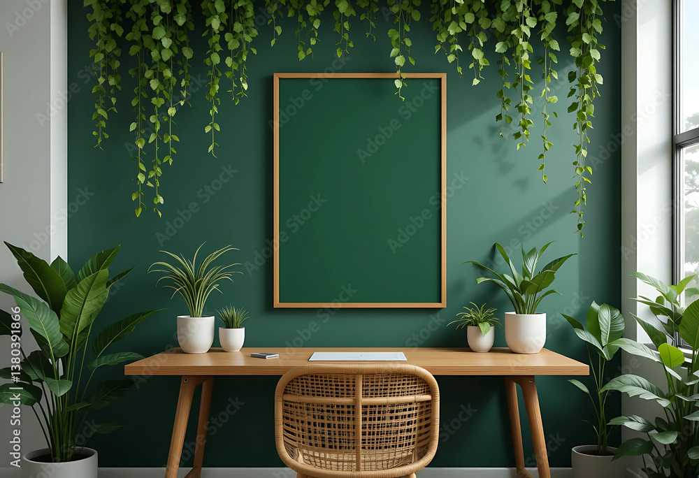 Lush Botanical Oasis: A muted sage green wall provides a natural ...