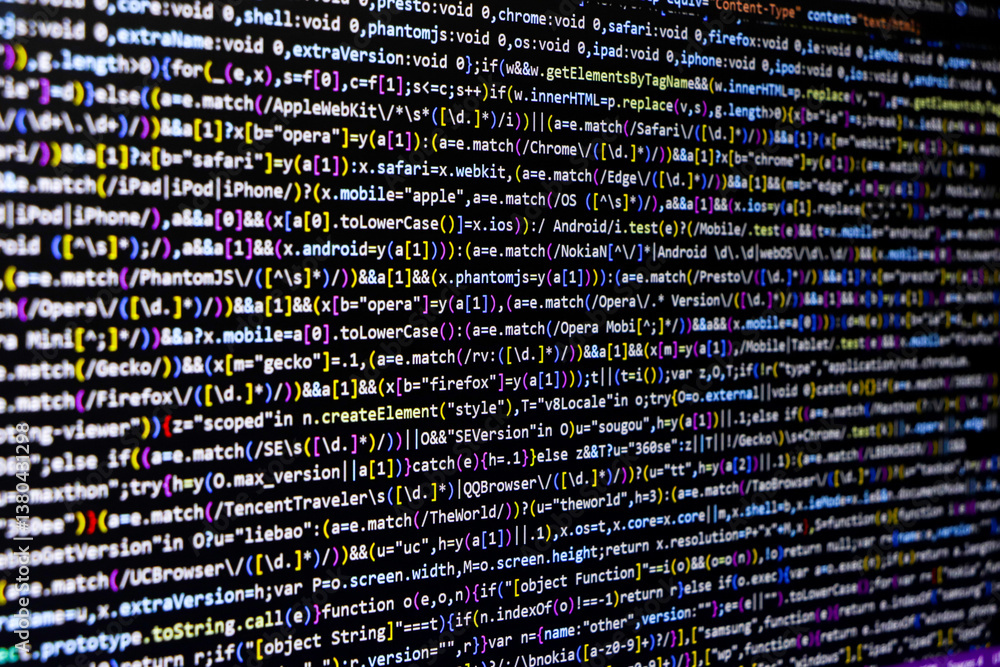 Software source code. Programming code. Programming code on computer screen. Developer working ...