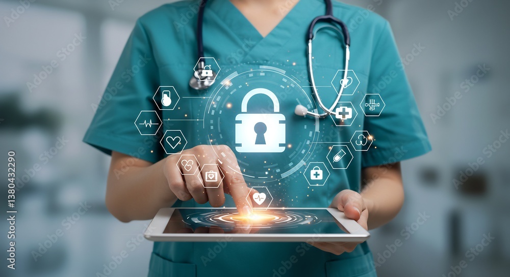 Female Doctor Using Digital Tablet with Holographic Medical Data ...