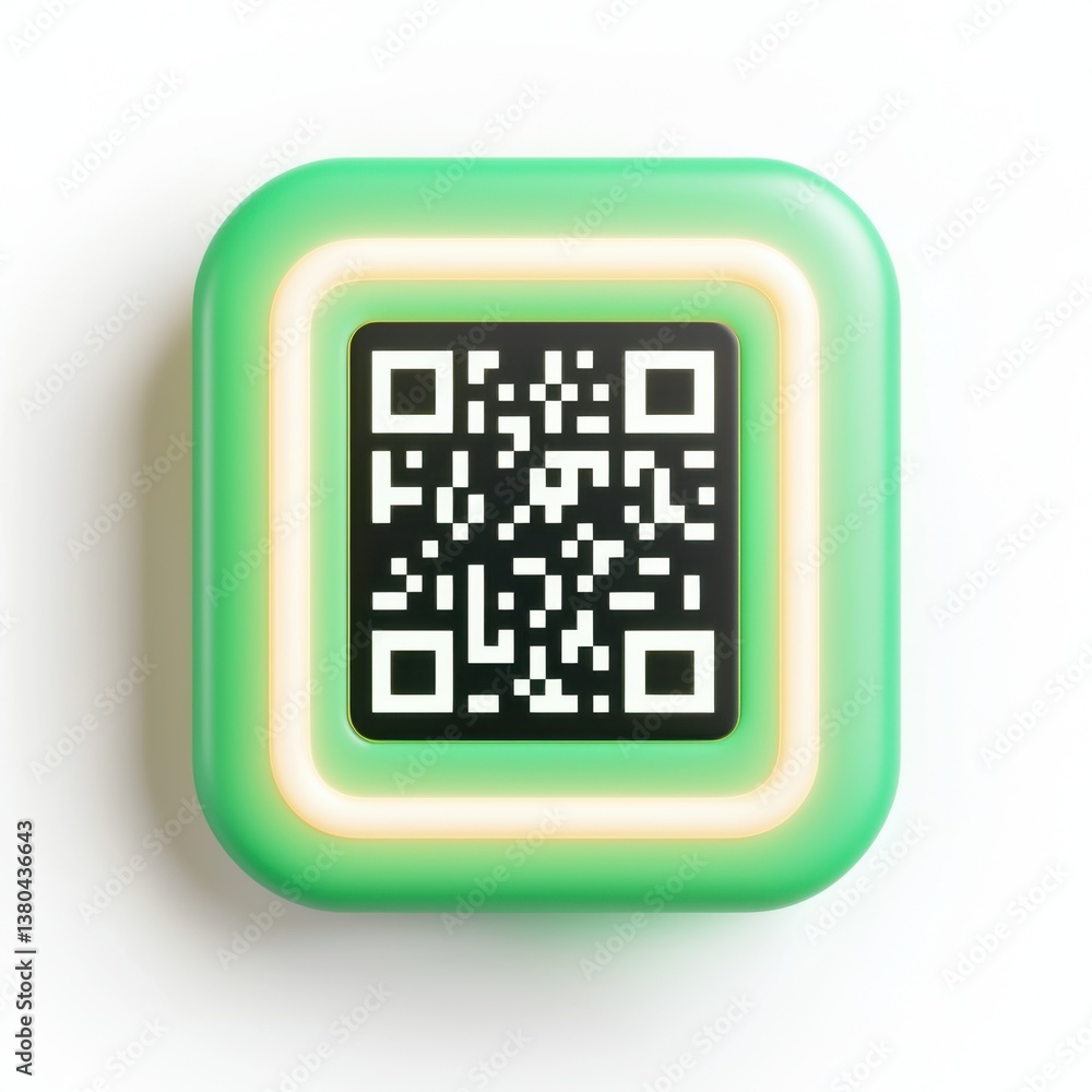 Glossy 3D QR scan icon with black and white QR code inside glowing ...