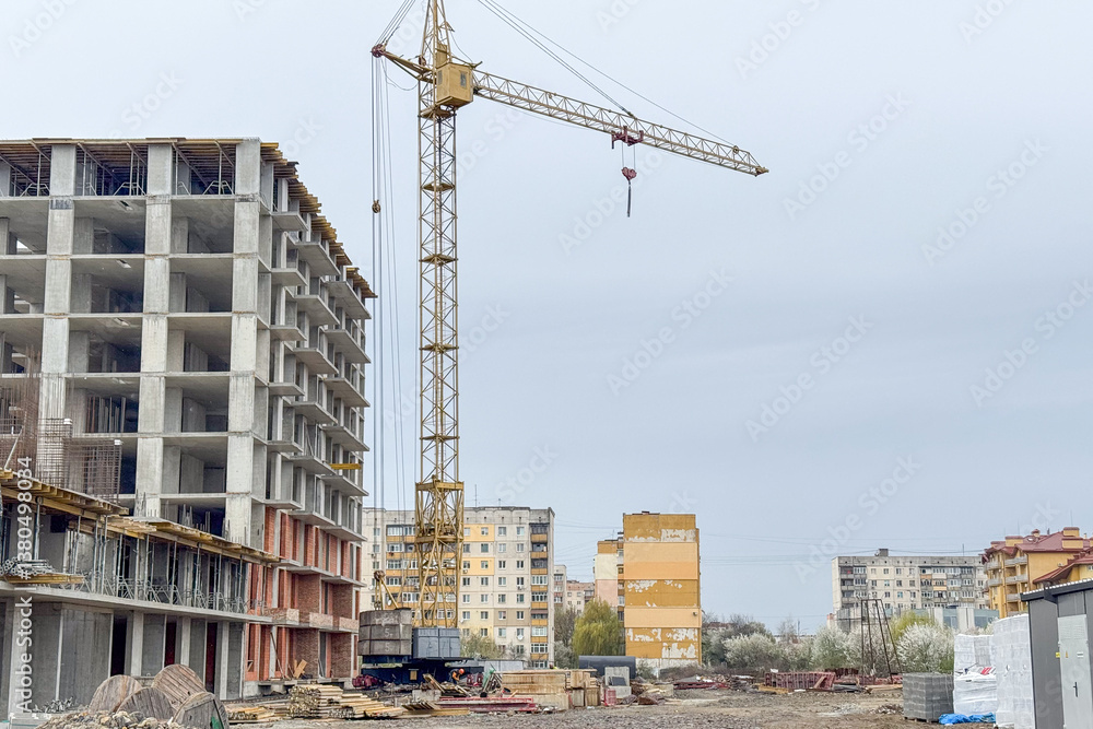 A tall construction crane stands beside a partially built concrete ...