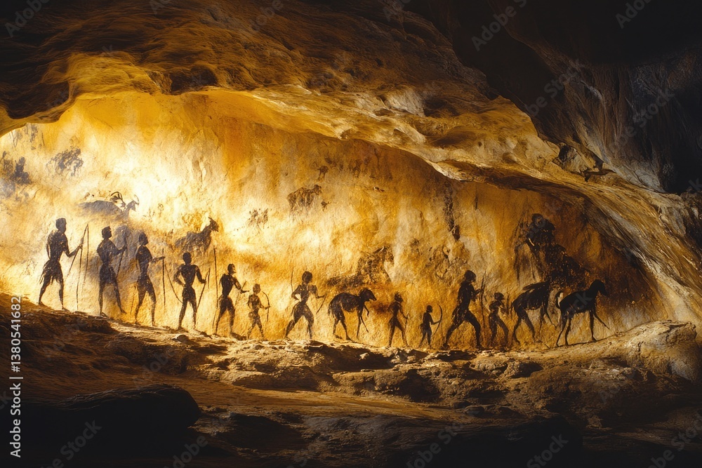 Prehistoric cave paintings depicting hunters with spears and bows in ...