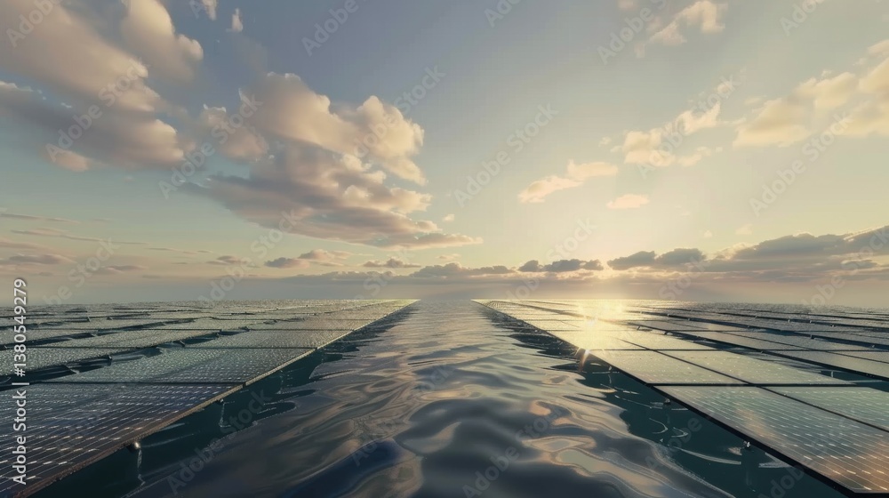 An imaginative 3D animation of a floating solar farm on a serene lake ...