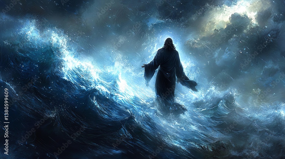 Jesus walking on water during a storm, waves crashing around him, robes ...