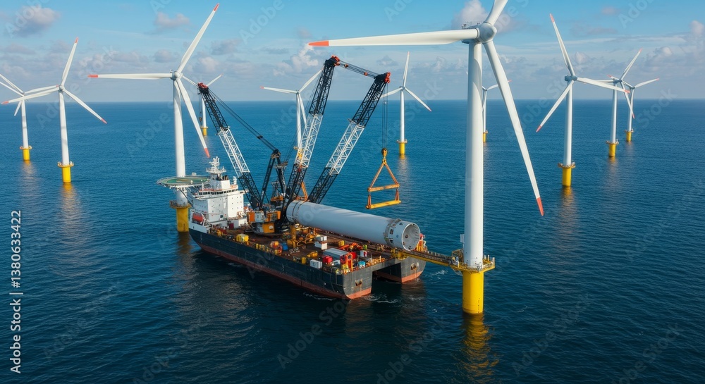 Offshore Wind Farm Construction Ship and Crane - A heavy-lift ship and ...