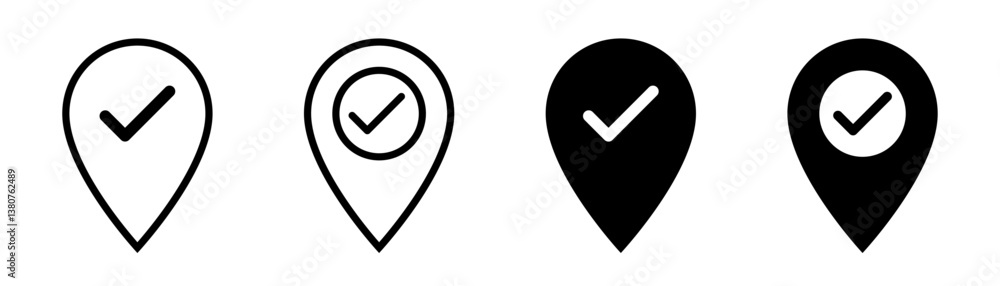 Location pin icon set with check mark – black, outline, map marker ...