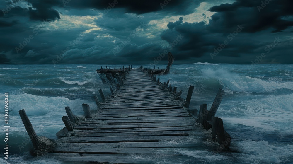 Stormy sea, damaged pier, dramatic clouds, ocean waves, path to nowhere ...