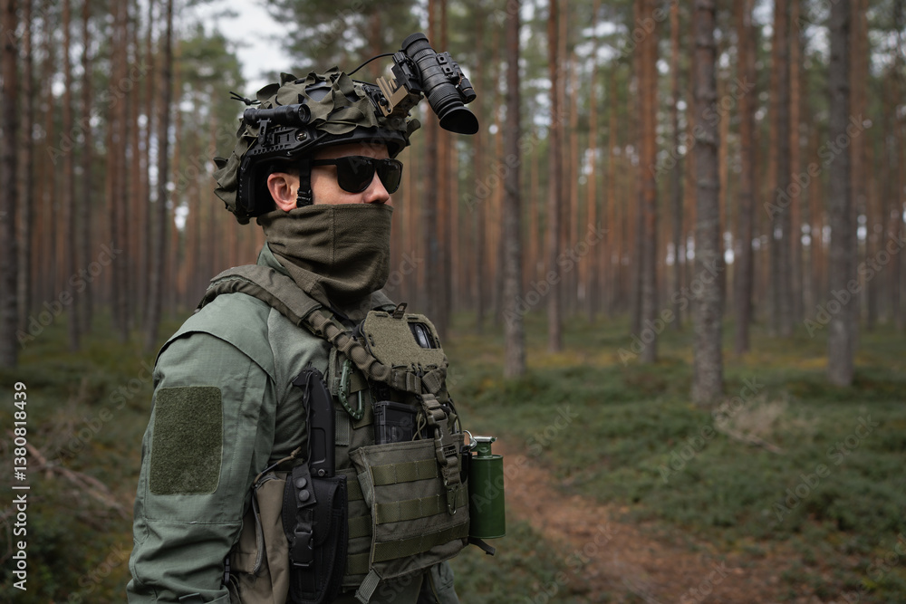 Soldier in full tactical gear, helmet with NVG mount, and sunglasses ...