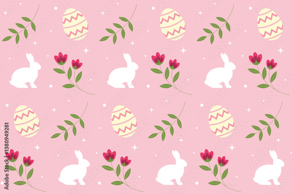 Happy Easter pattern. Easter bunny, flowers , egg, twigs on pink ...