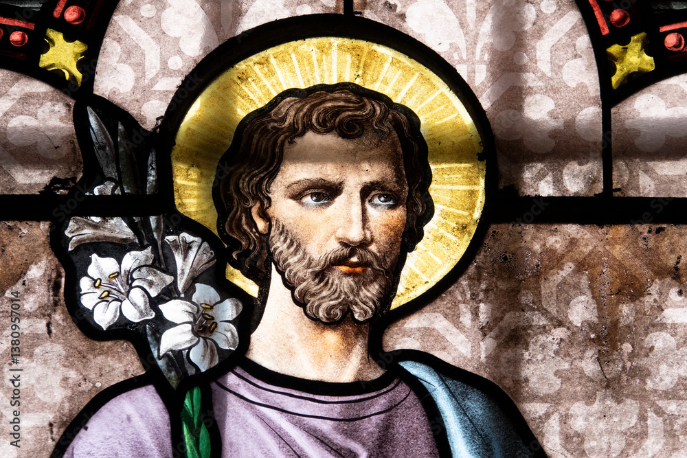 Foto de Stock Stained glass (19th century) of Saint Joseph the ...