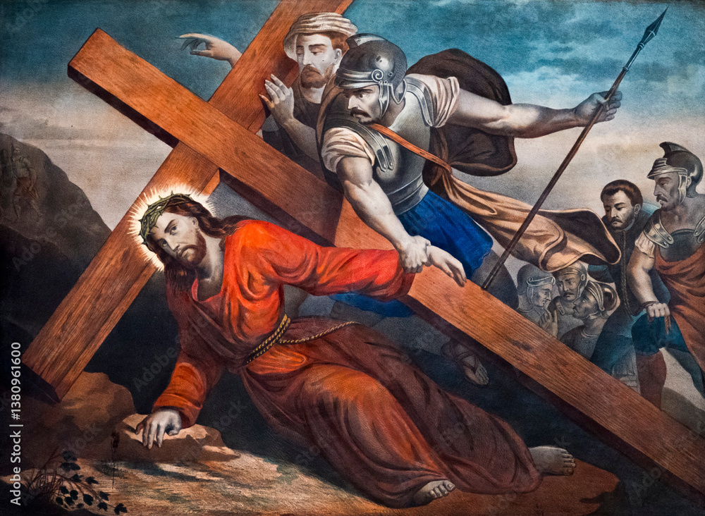 Painting (early 20th century) of The Way of the Cross. Third station ...