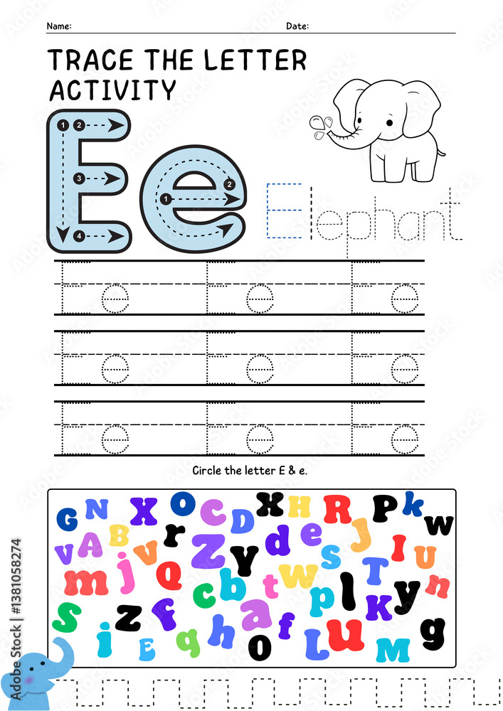 E uppercase-lowercase Alphabet tracing activity for kids Stock ...