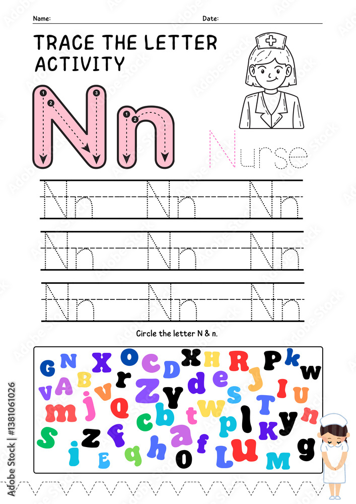 N uppercase-lowercase Alphabet tracing activity for kids Stock ...