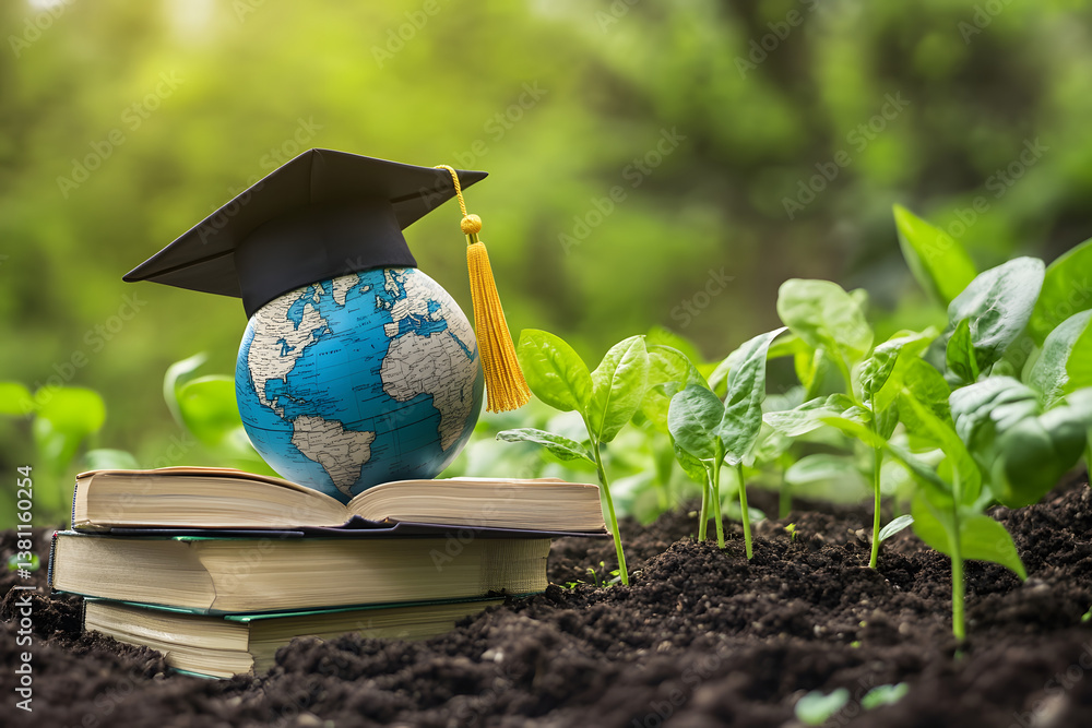 Global education and environmental learning concept with graduation cap ...