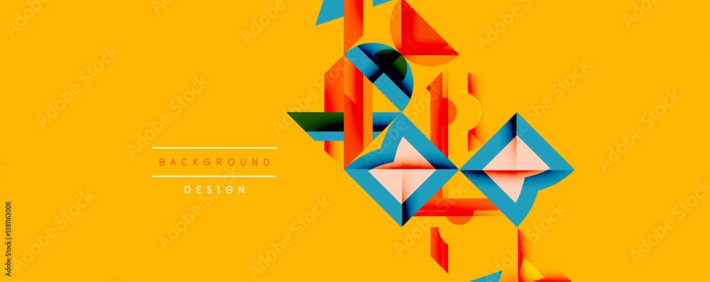 Bright geometric shapes overlap on vibrant yellow background. Modern ...
