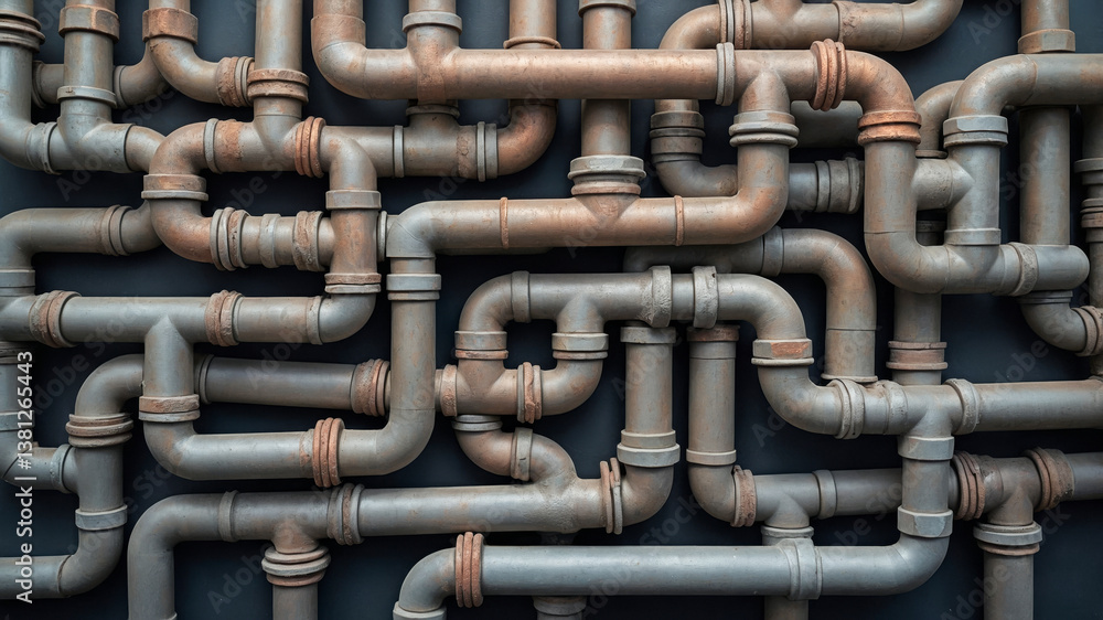 Intricate copper pipe arrangements create an industrial aesthetic with ...