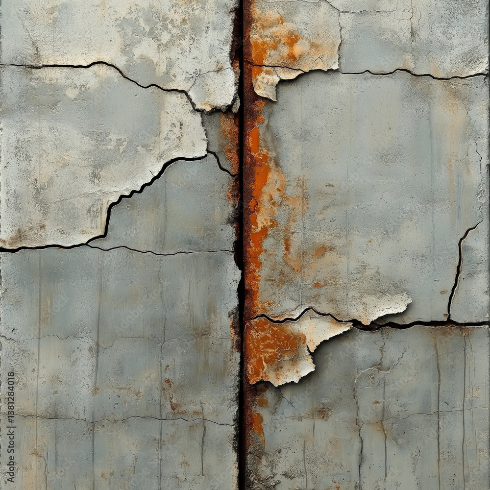 Concrete with rebar exposed: Rust streaks bleeding into cracked gray ...