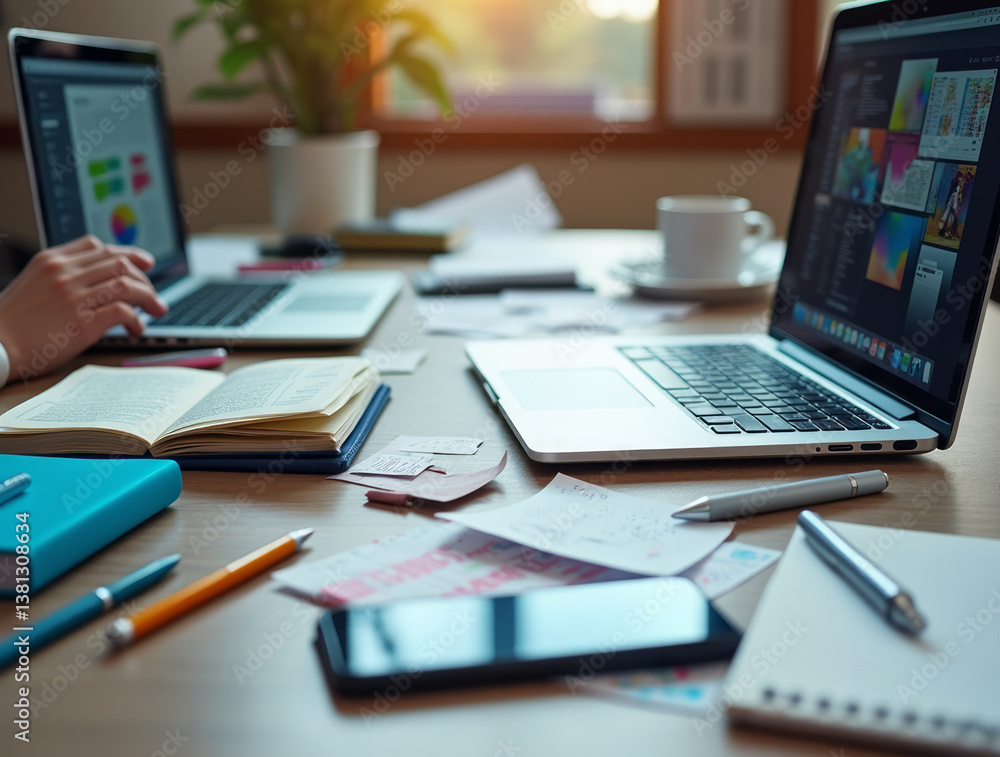Cluttered Office Desk with Multiple Tech Devices - A Laptop with ...