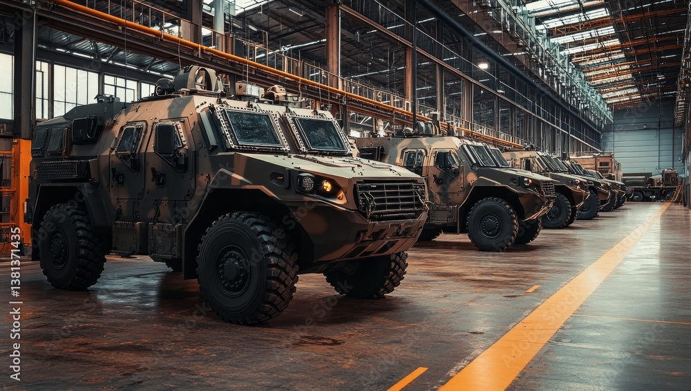 Military vehicles lined up in a large factory. Rows of armored vehicles ...
