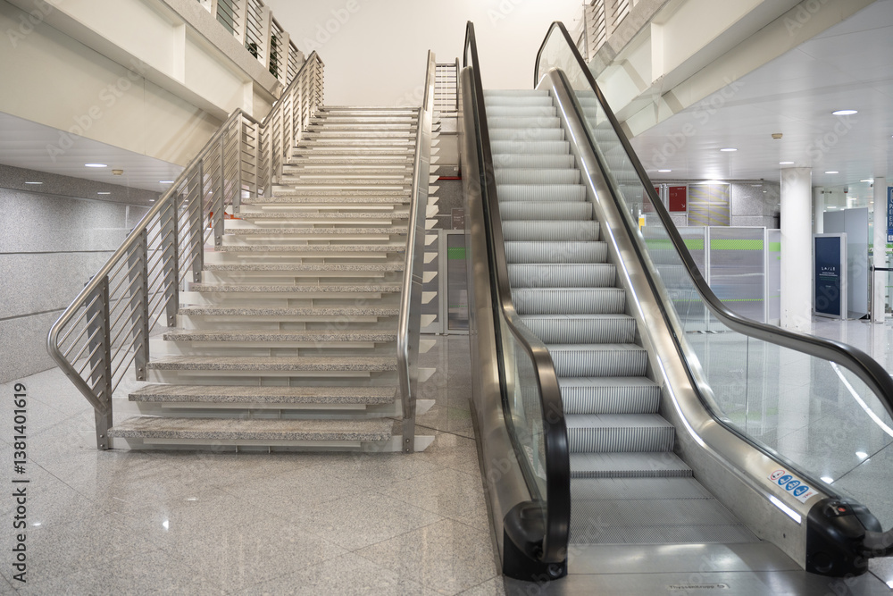 Modern escalators in an international airport terminal, with sleek ...
