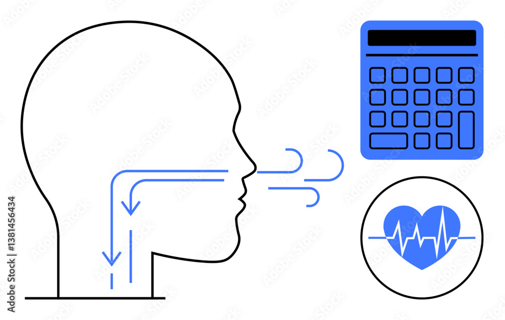 Outline of head showing airflow through respiratory system, calculator ...