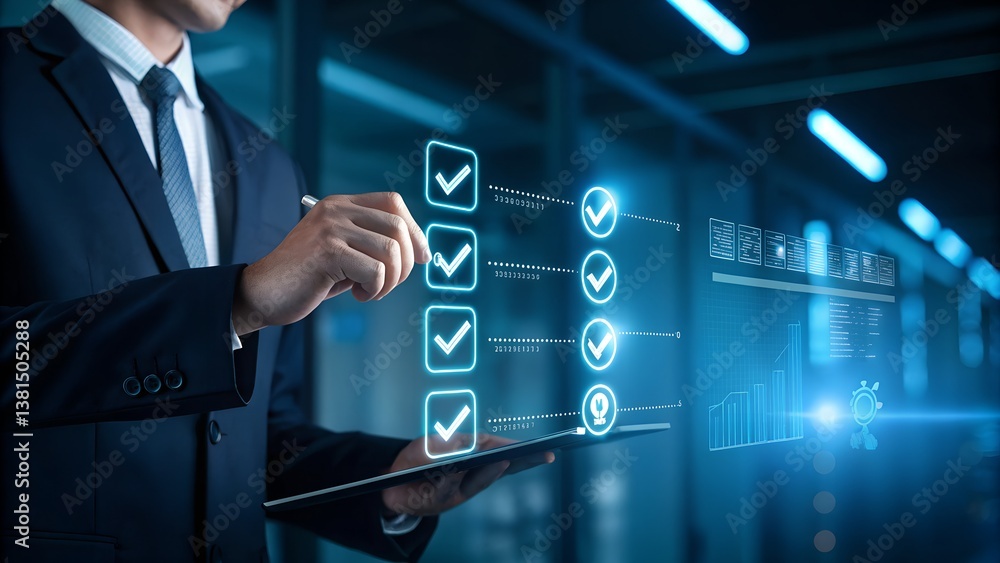 Zdjęcie bez tantiem: Businessman touches a digital progress checklist ...